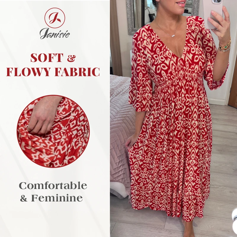 EMILY CHARM - Janisie - Bohemian casual print V-neck shirred waist long ...